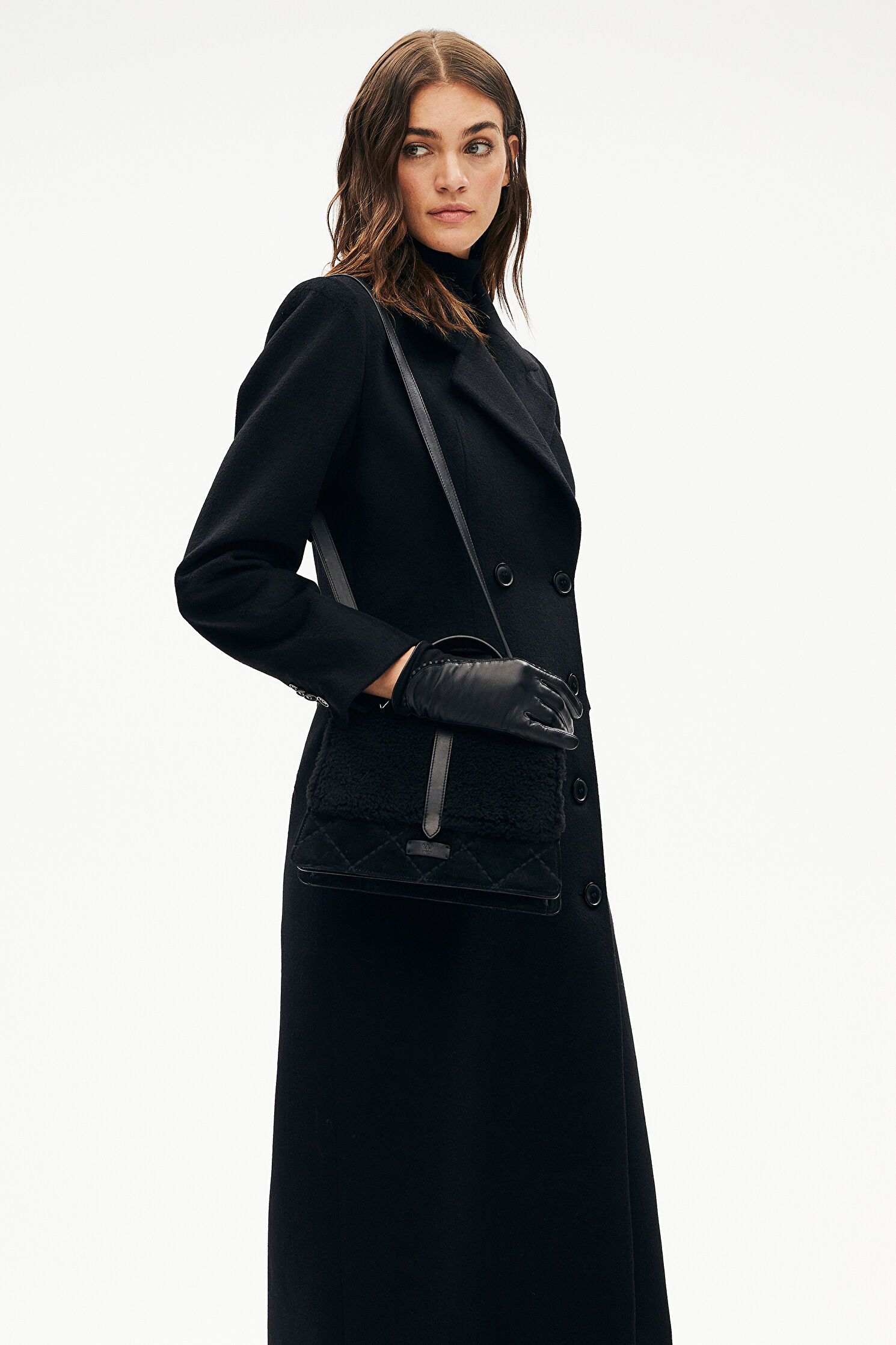 Outlet Kadın Sıyah Dokuma Siyah Yün İçerikli Manto